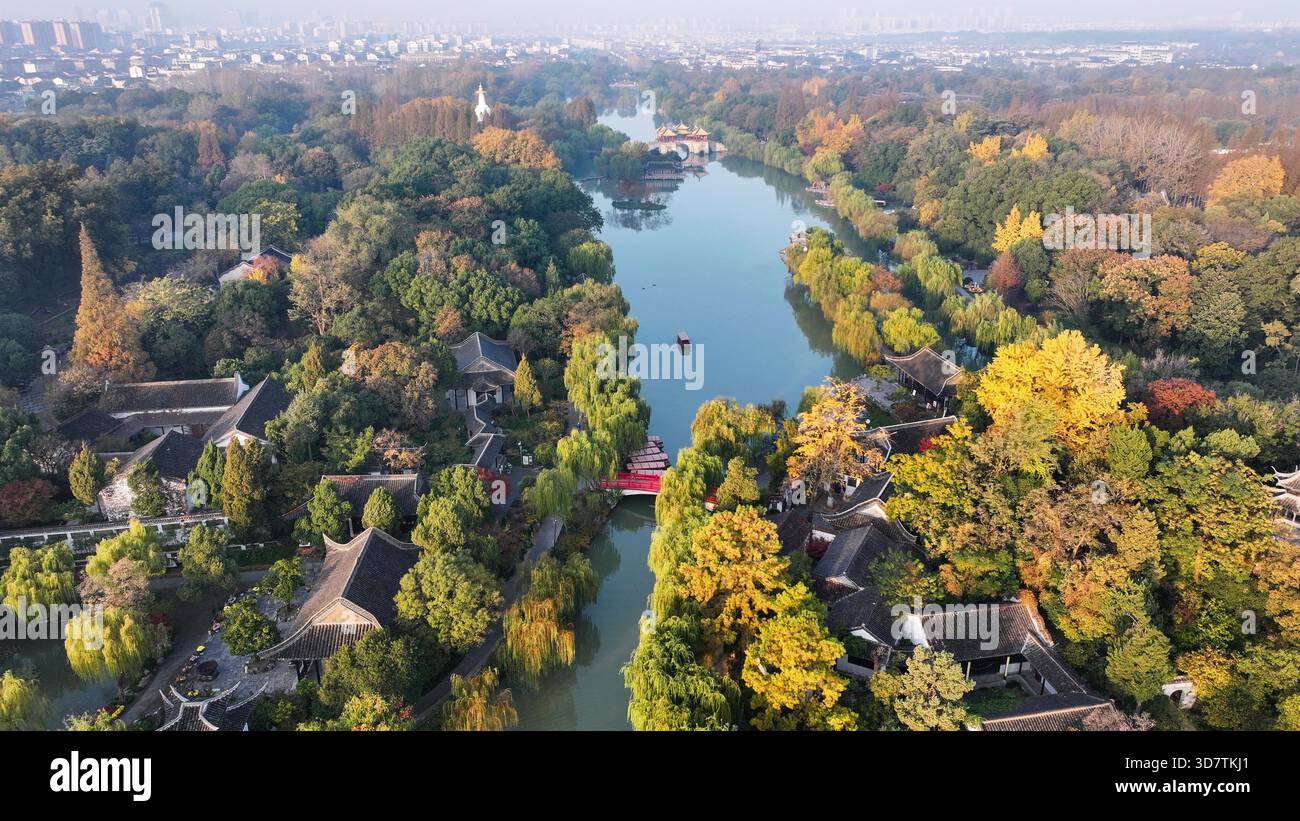 Aerial photo shows the early winter scenery of the Slender West Lake in ...