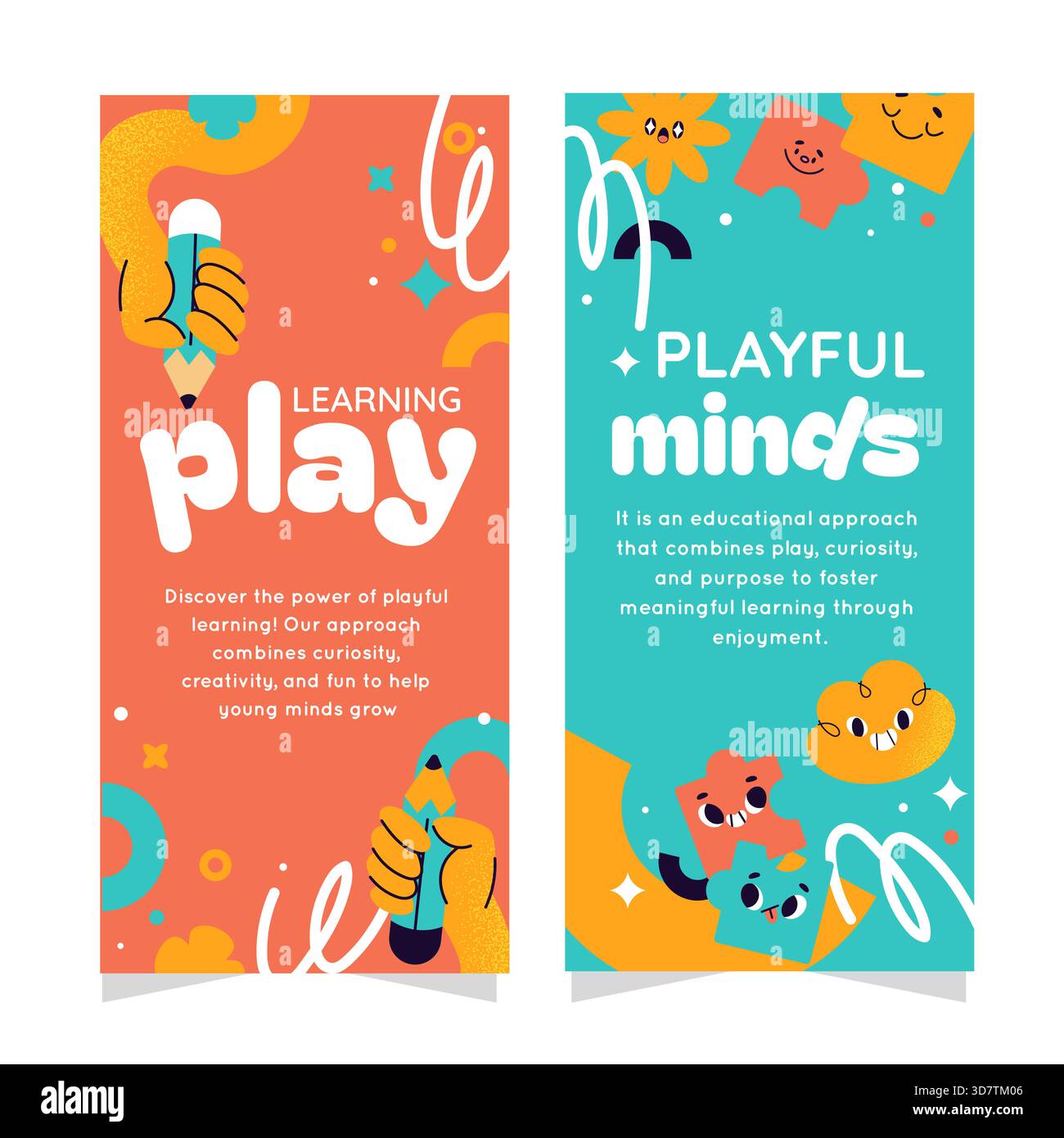 Collection of vertical banners with playful icons and learning theme ...