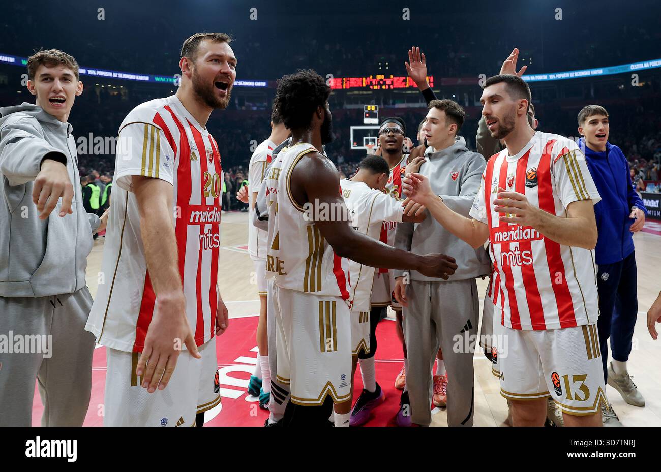 Belgrade, Serbia. 26th Nov, 2025. Crvena Zvezda's players celebrate during Euroleague basketball ...
