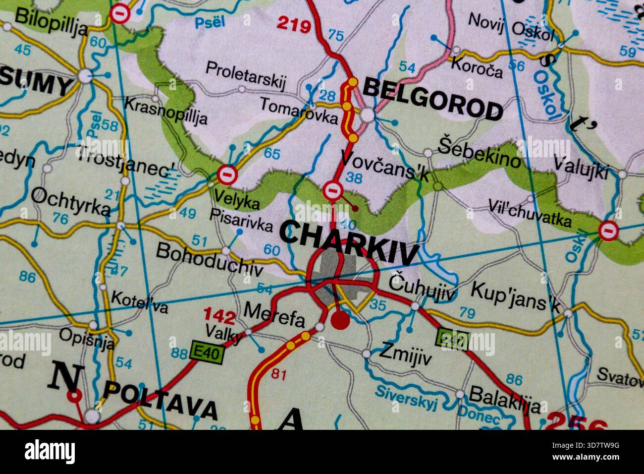 Charkiv in Ukraine and Belgorod in Russia, on a road map Stock Photo ...