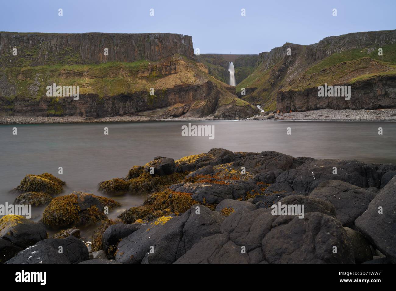 A view of the Iceland coast and cliffs near Vopnafjordur with the ...