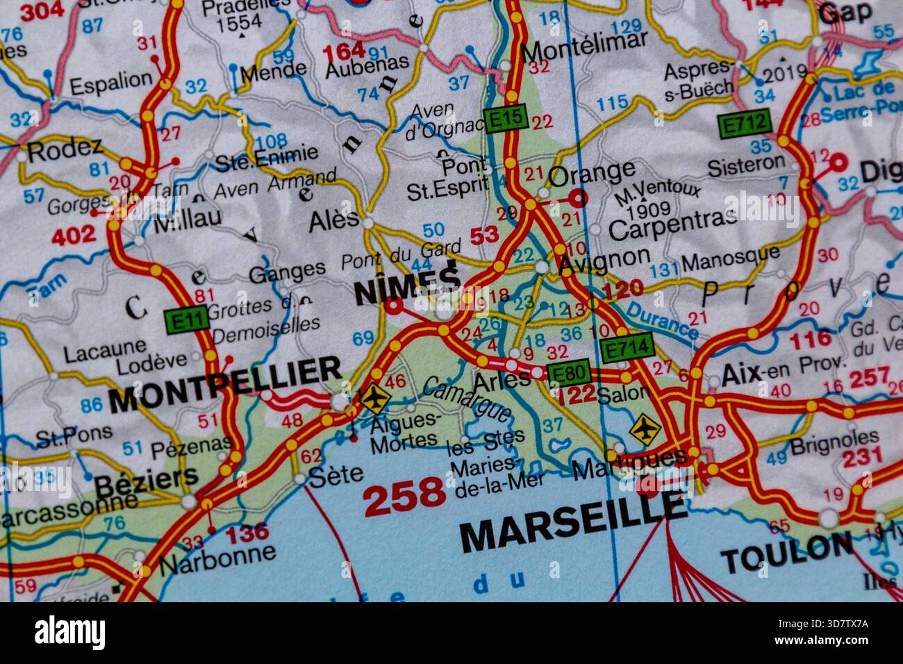 Nimes and Marseille, France, on a road map Stock Photo - Alamy