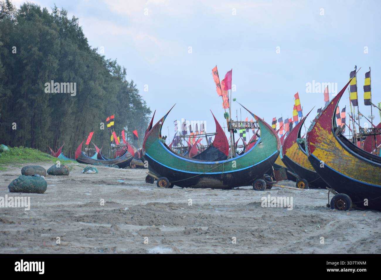 Row of Sampan Boats - Traditional Coastal Life in Bangladesh Stock ...