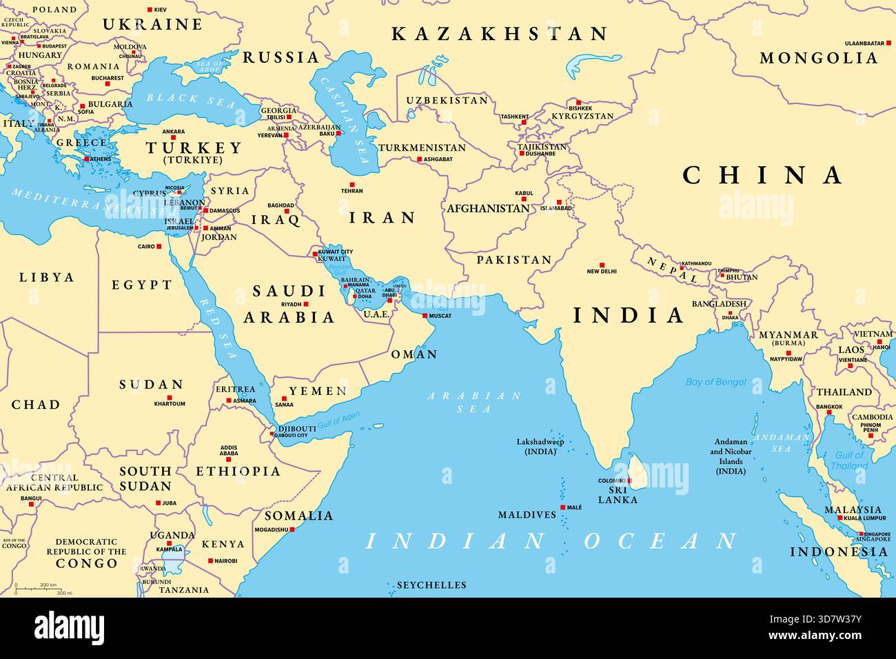 West Asia and South Asia, political map with countries, their ...