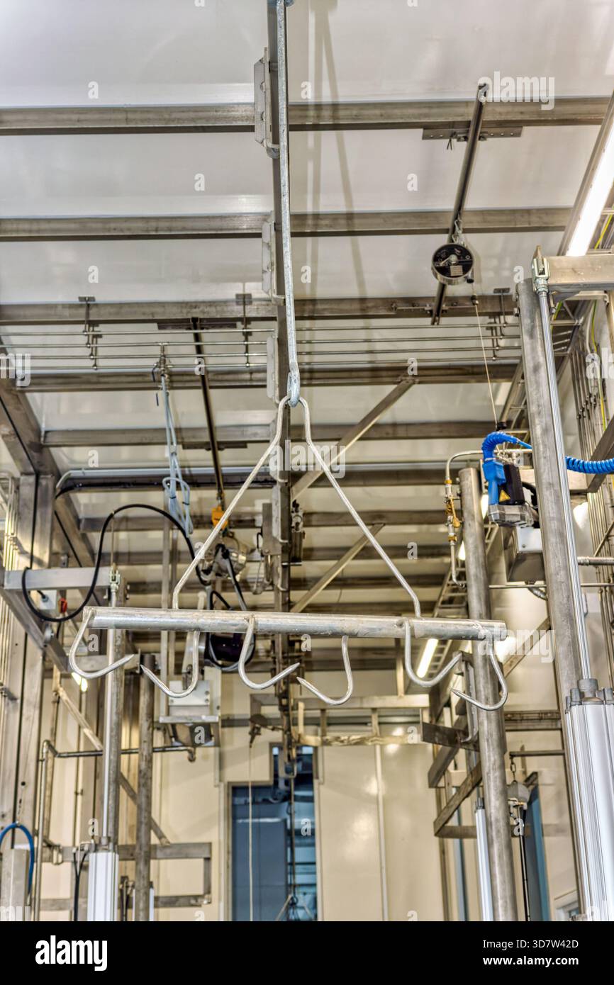 heavy-duty stainless steel meat hooks, used in commercial settings like ...