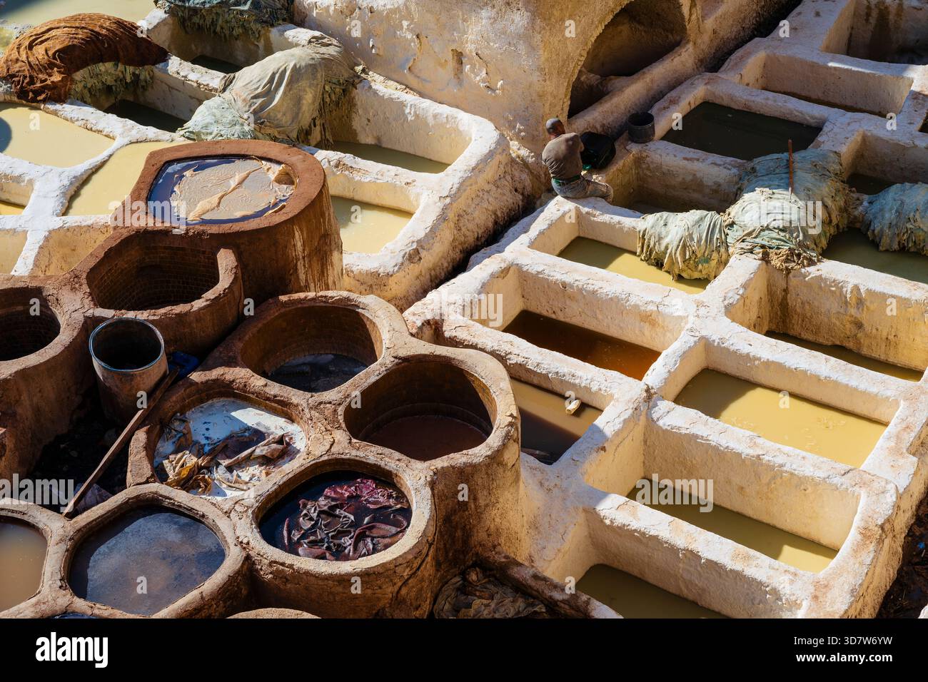 Traditional tannery pits with various colored dye baths under sunlight ...