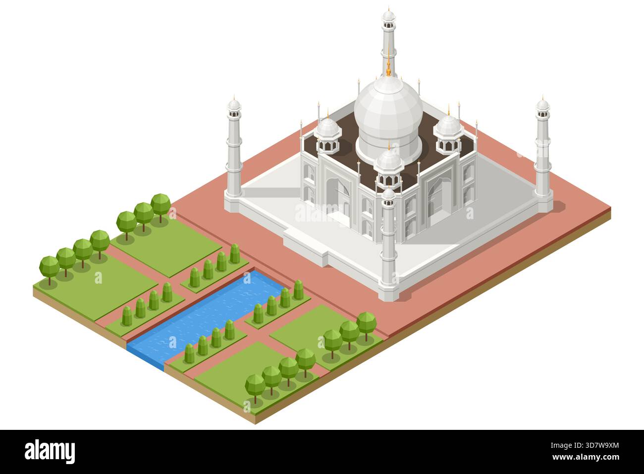 Isometric illustration of the Taj Mahal with gardens, pathways and ...