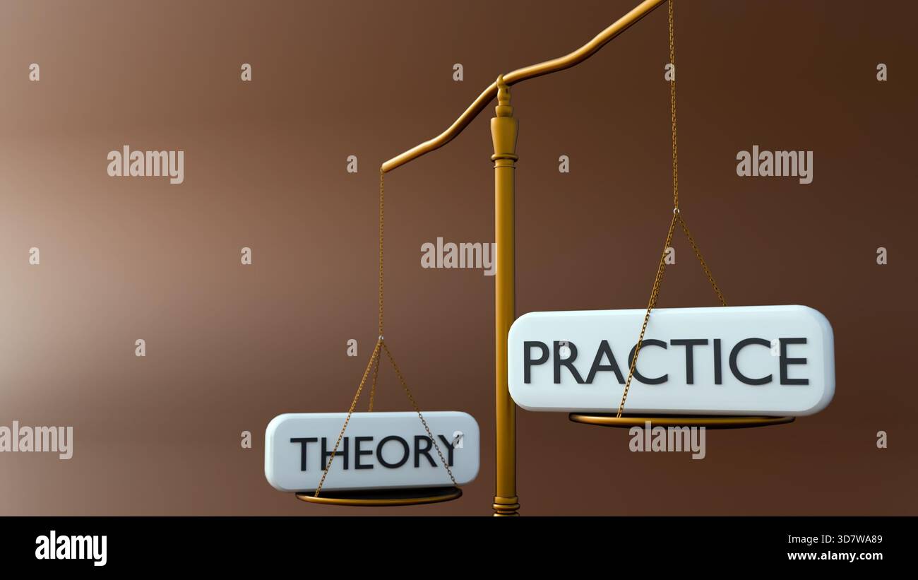 A 3D rendering of a balance scale. The left pan is labeled "THEORY" and ...