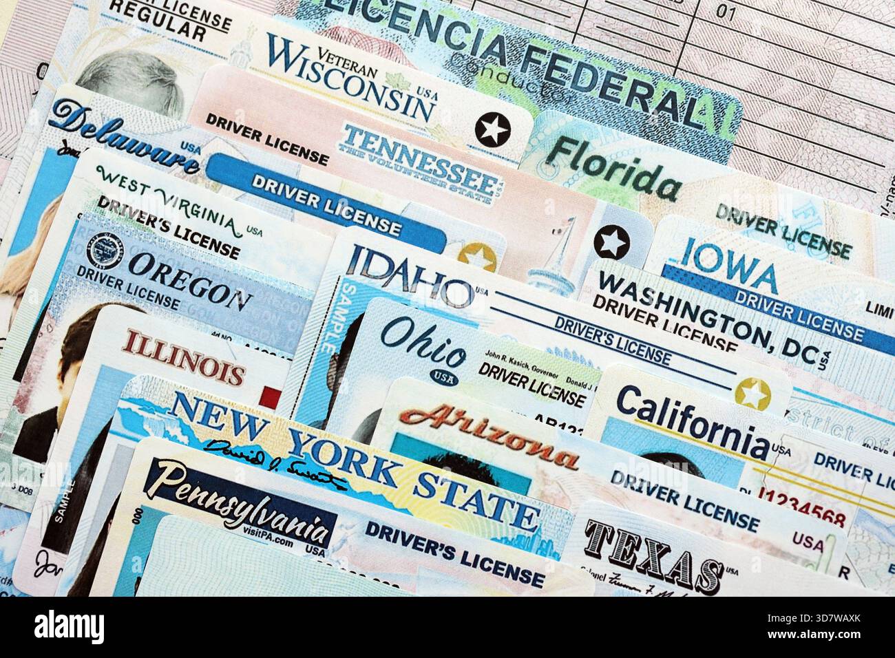 Big amount of driving licenses from various USA states. Stack of ...