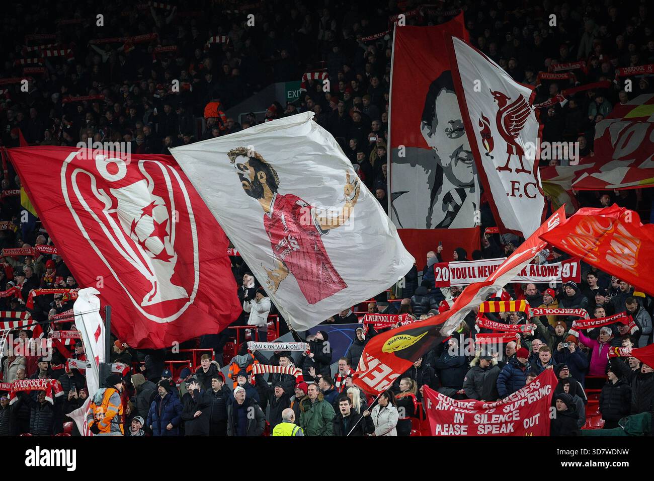Liverpool, UK. 26th Nov, 2025. Liverpool fans with flags and banners in ...
