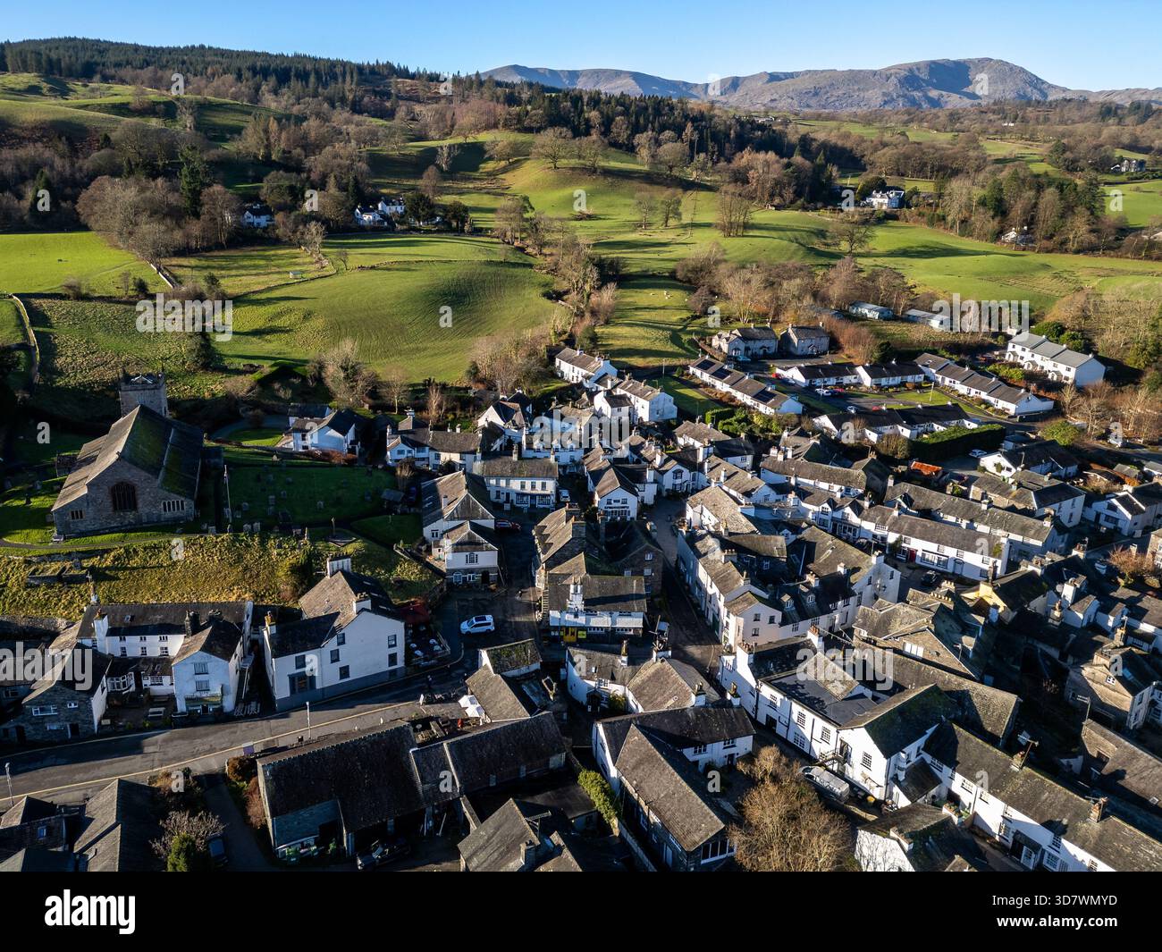 Hawkshead, Cumbria, UK, 25th November 2025. Aerial view of Hawkshead village taken on a ...