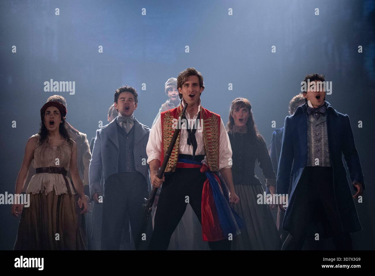Cast members perform during the press preview of Los Miserables, el ...