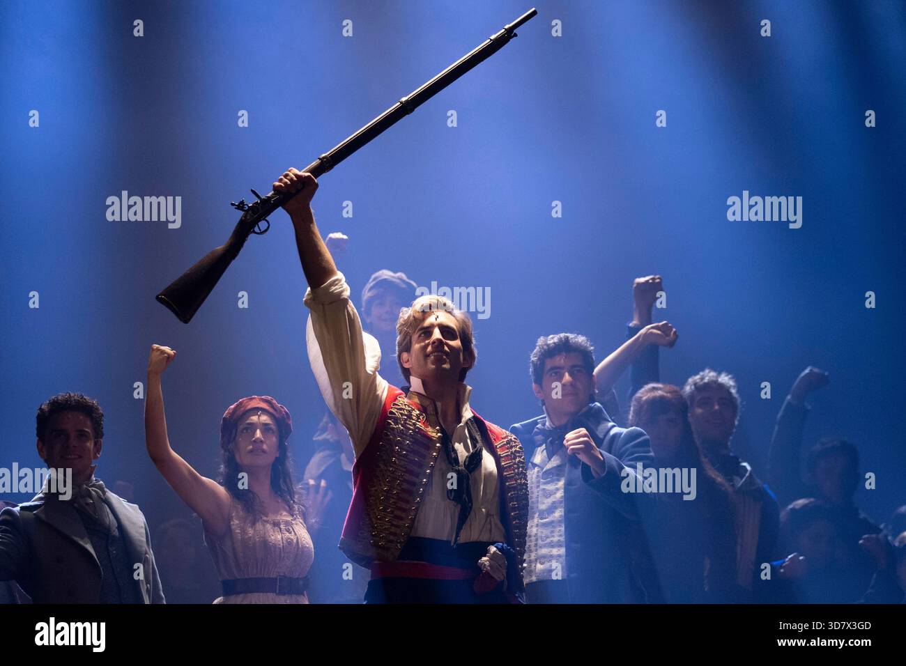 Cast members perform during the press preview of Los Miserables, el ...