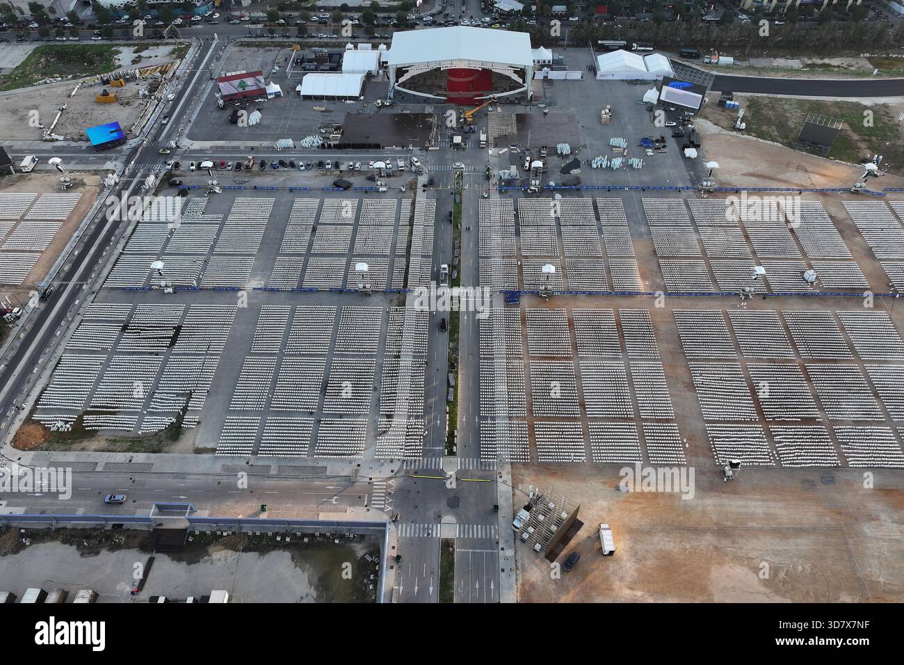 A aerial view shows workers prepare the area where Pope Leo XIV will ...