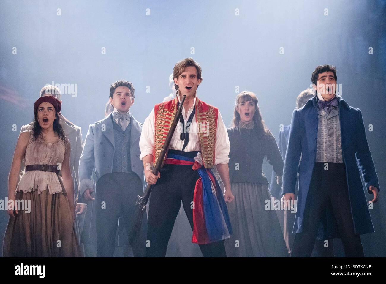 Cast members perform during a press preview of Los Miserables, el ...