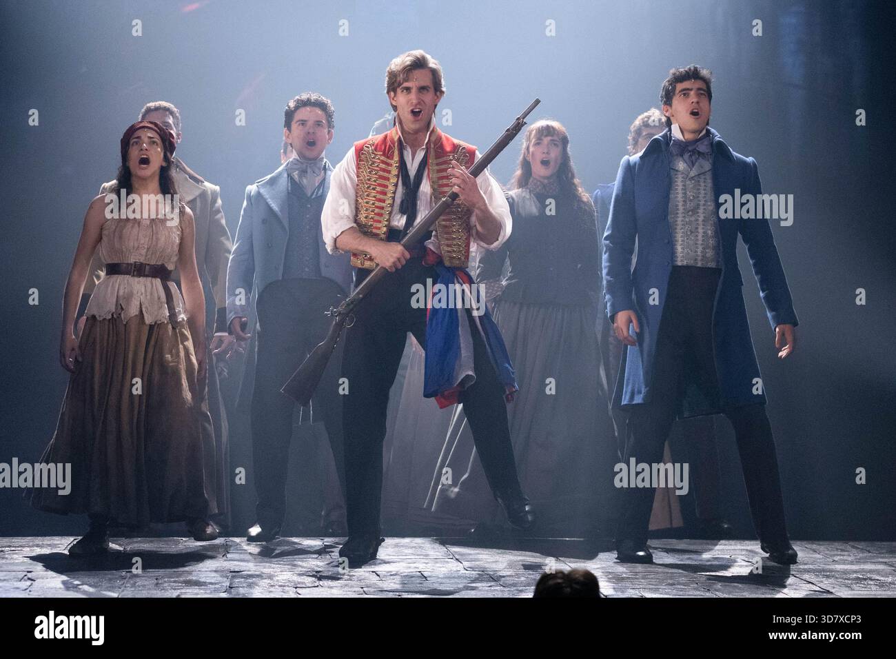 Cast members perform during a press preview of Los Miserables, el ...