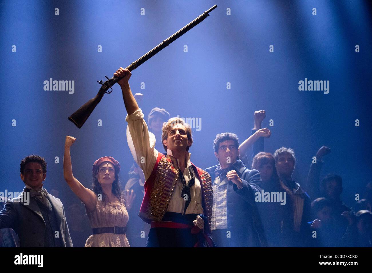 Cast members perform during a press preview of Los Miserables, el ...