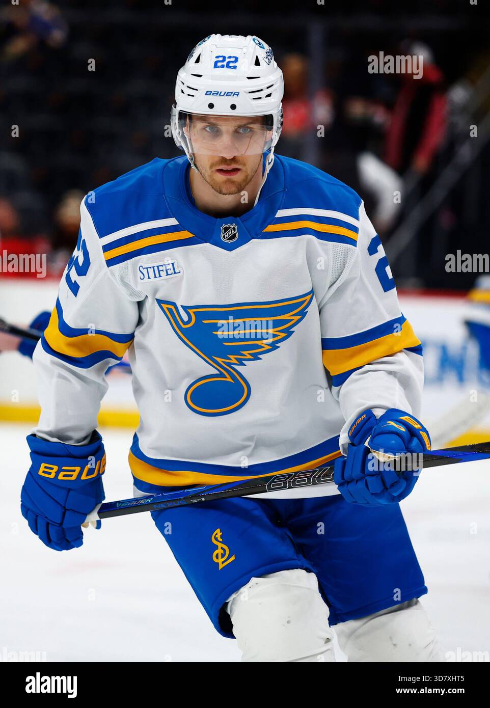 St. Louis Blues right wing Jordan Kyrou (25) during warm up before an ...