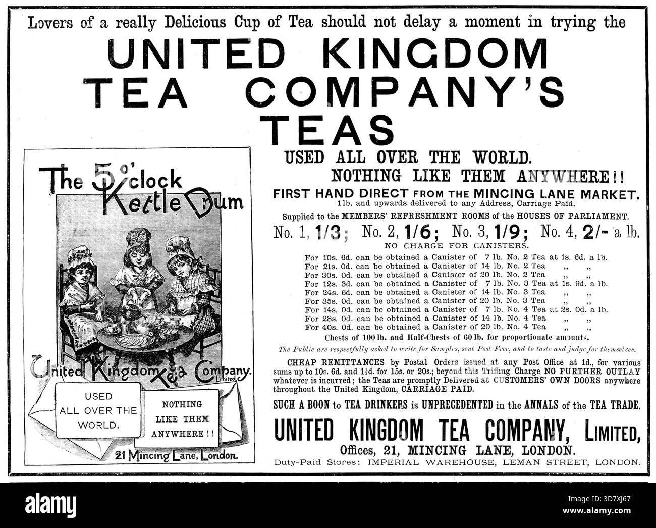 Advertisement for United Kingdom Tea Company's Teas, 1890. 'The 5 o ...