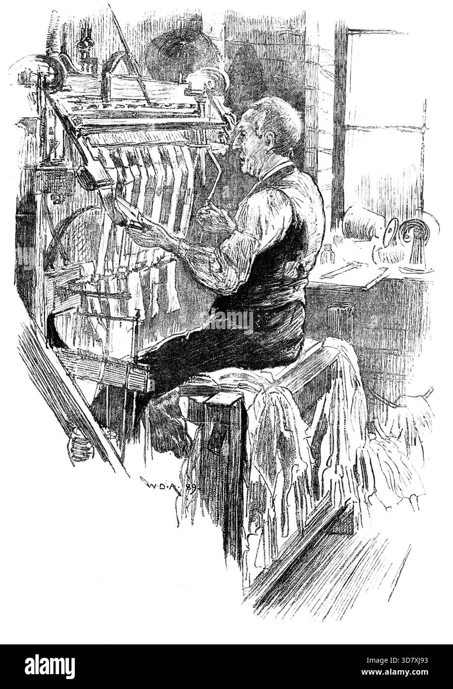Work at an old handloom stocking-frame, Leicester, 1890. '...in the ...