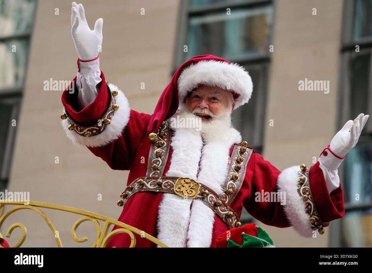 Macy's Santa Claus reacts as he rides on Santa's Sleigh during the Macy ...