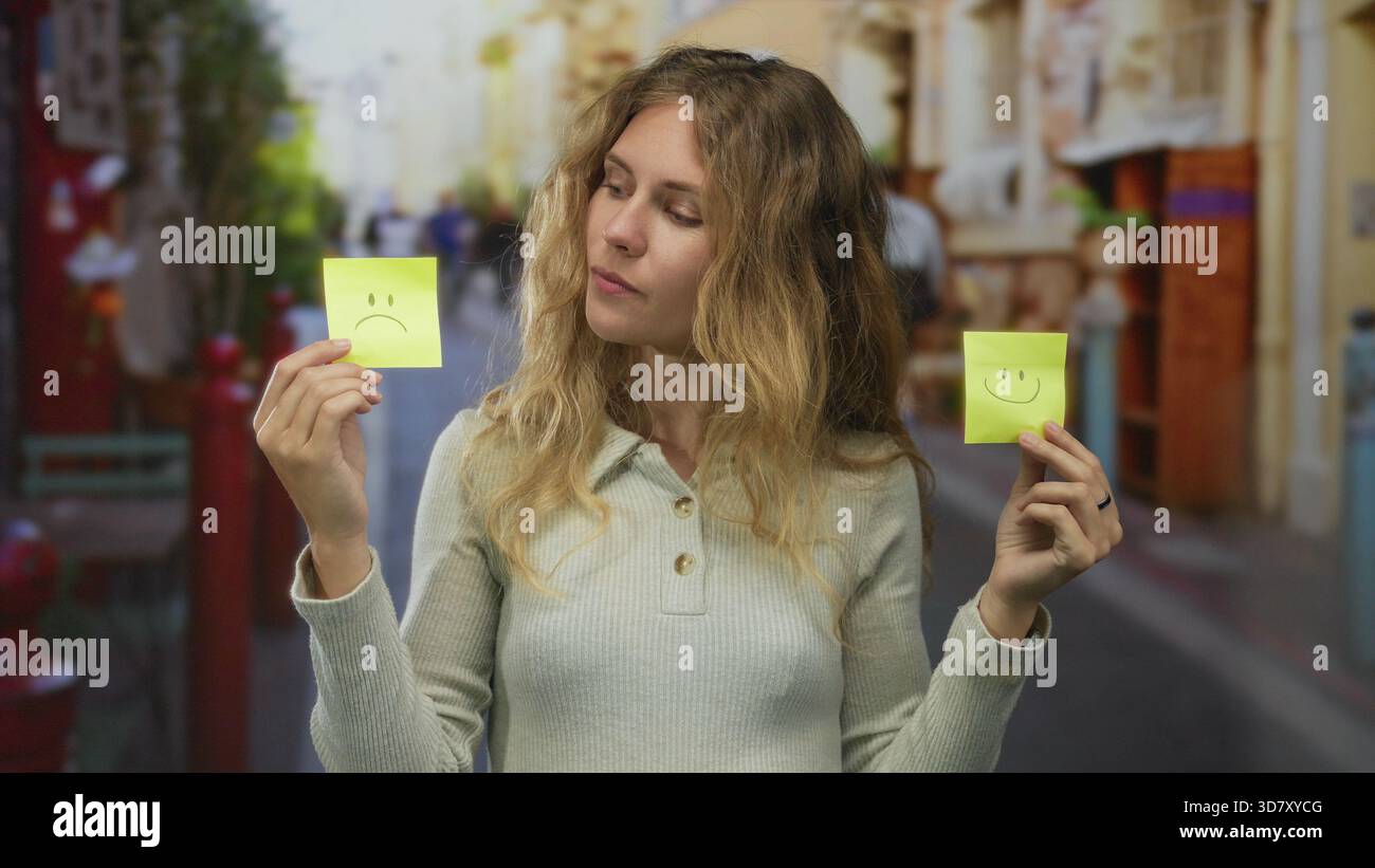 Woman holds a note while smiling in a street scene by a blonde young ...