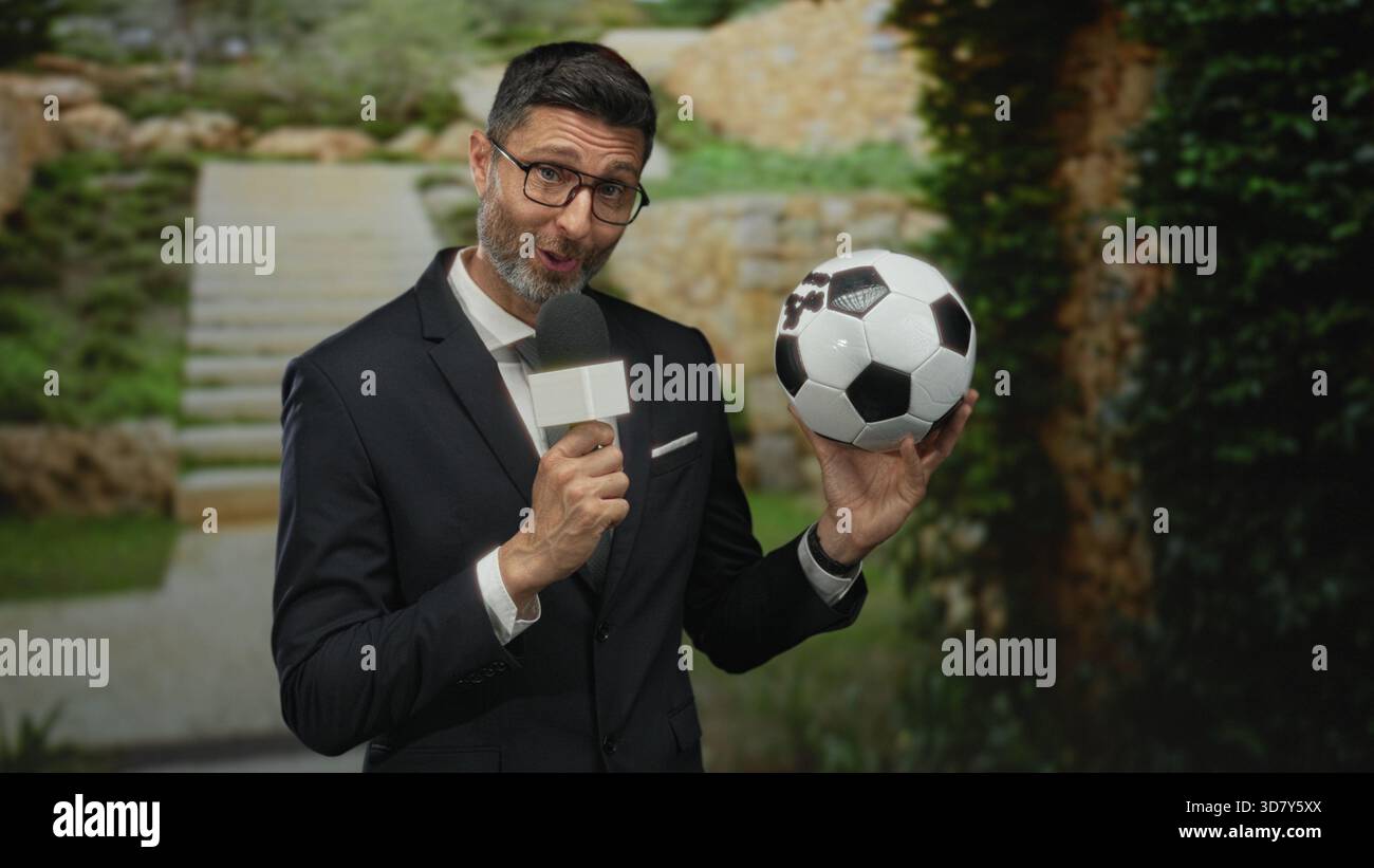 Man reporter holding microphone and soccer ball at building steps ...