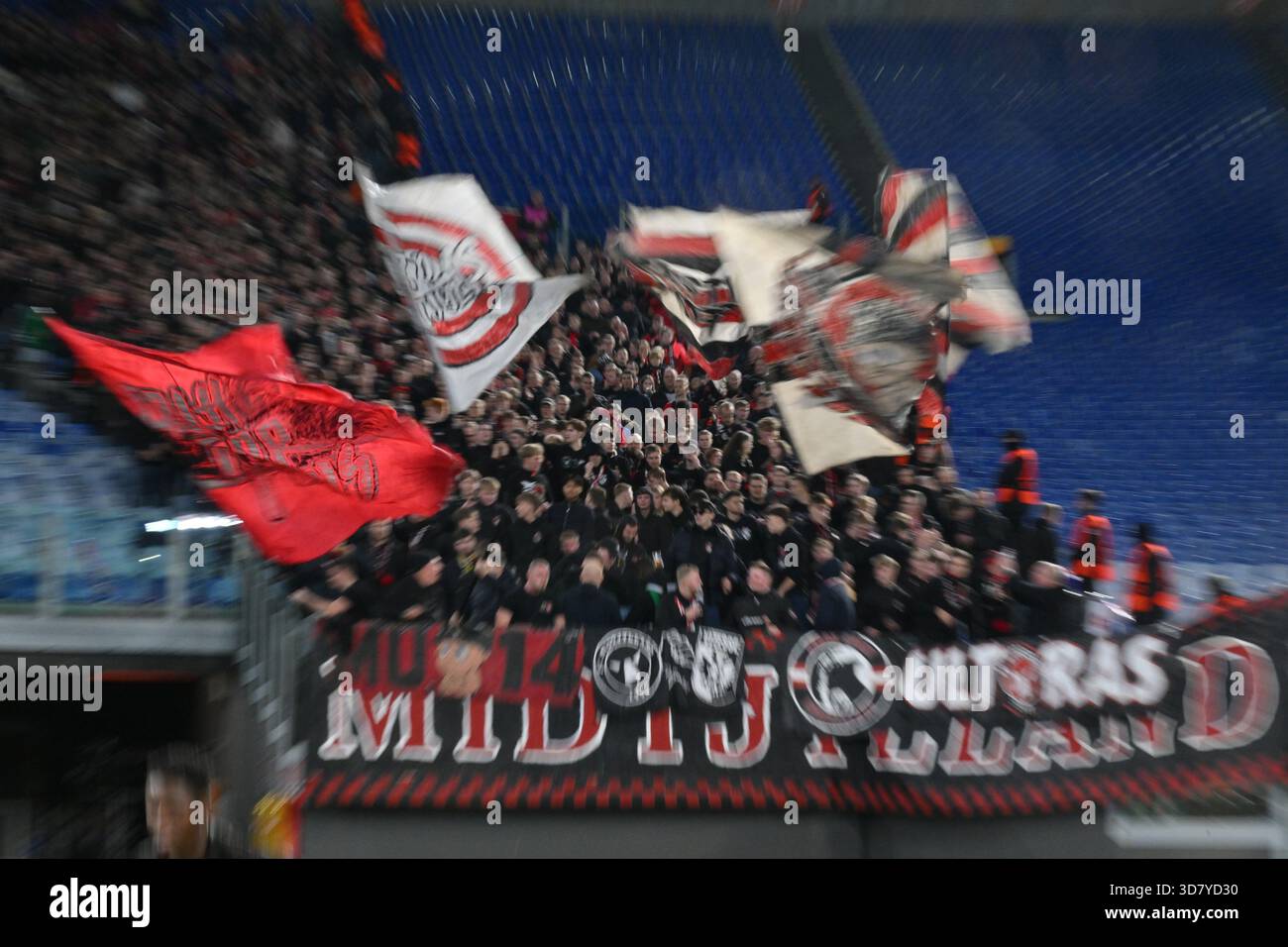 Olimpico Stadium, Rome, Italy - Midtjylland's fans wave a flag before ...