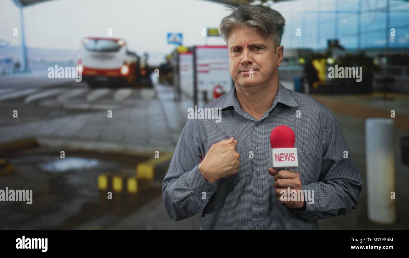 Man reporter holding microphone and hand to chest gesture at airport ...