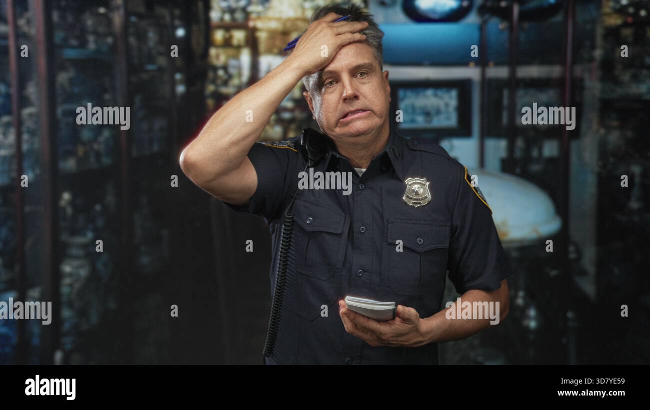 Man police officer, middle age with grey hair, holding notepad and ...
