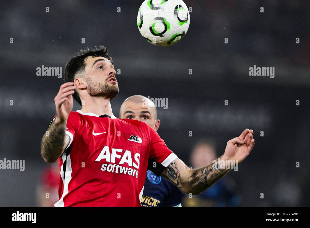 ALKMAAR - (l-r) Troy Parrott of AZ, Mark Coyle of Shelbourne FC during ...