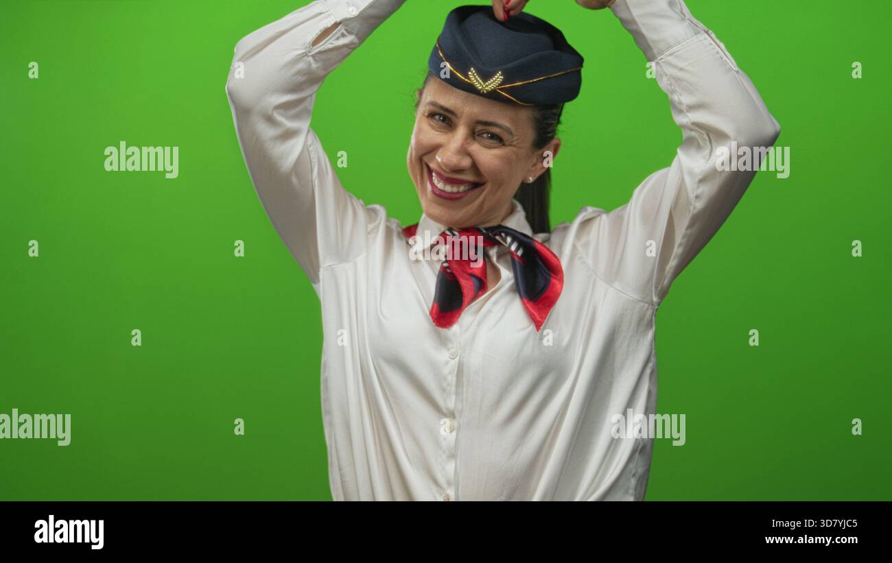 Air hostess in white shirt and navy cap makes heart gesture with hands ...