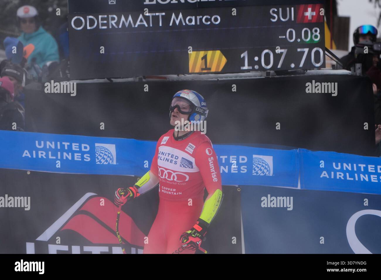 Switzerland's Marco Odermatt reacts after competing during a World Cup ...