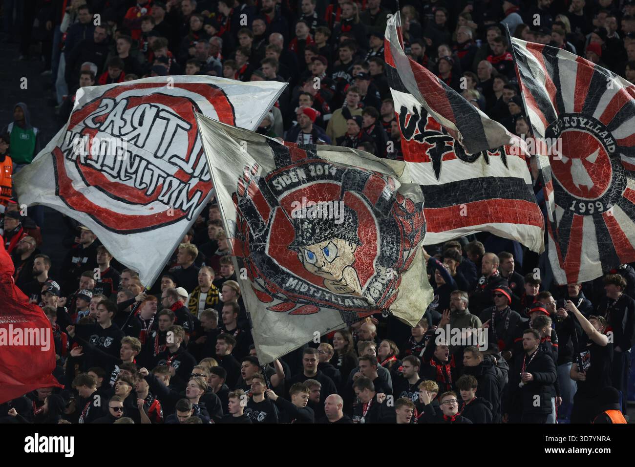Rome, Italy - November 27, 2025: Midtjylland fans waving flags during ...