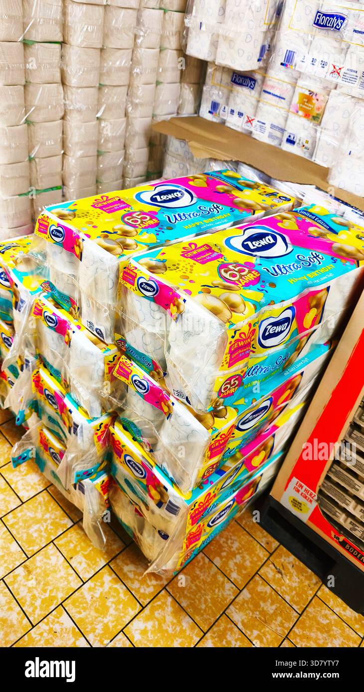 ISERLOHN, GERMANY — NOVEMBER 27 2025: Zeva toilet paper packs stacked ...