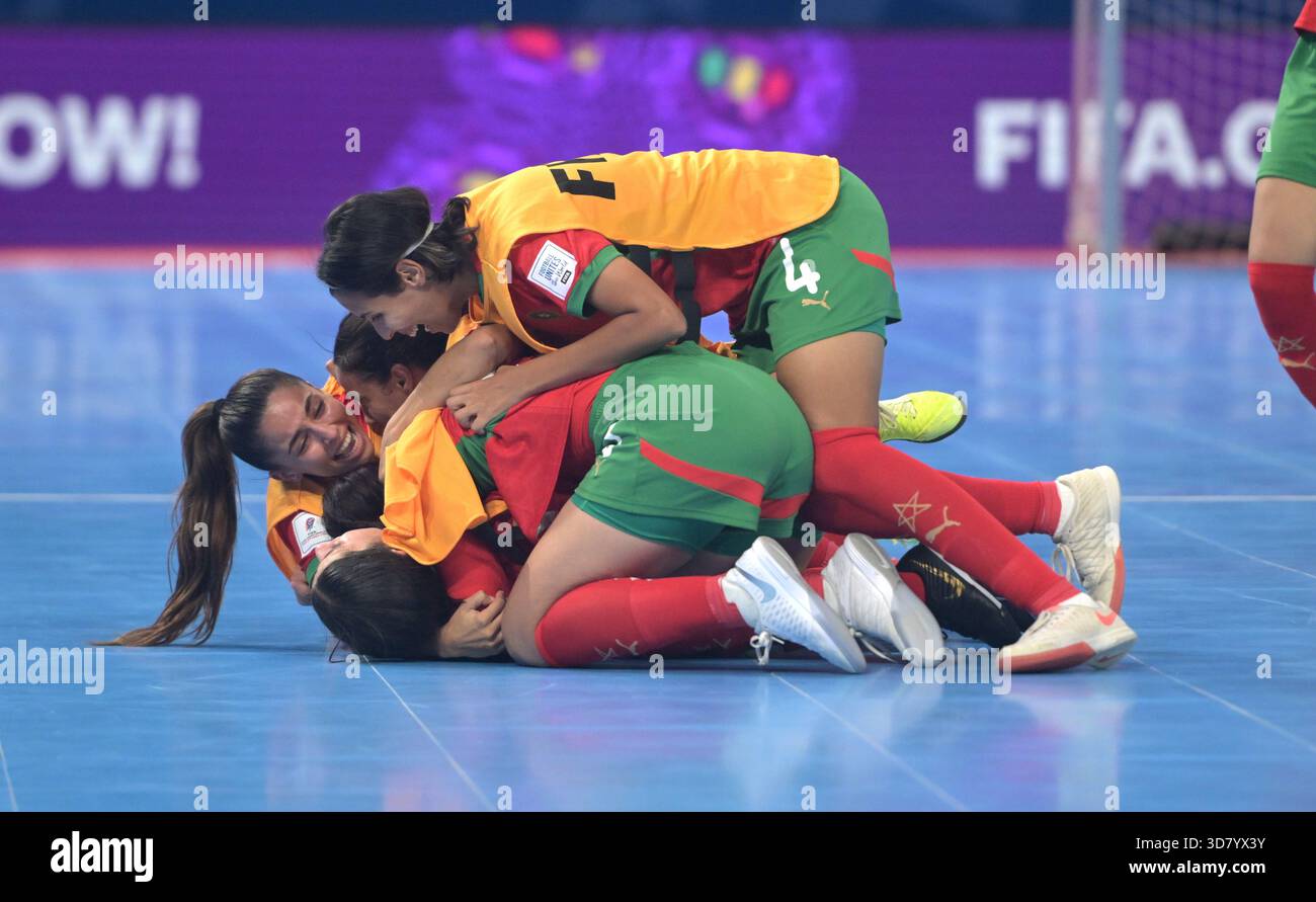 Morocco Women Futsal players celebrate after beating Poland 1-0 in the ...