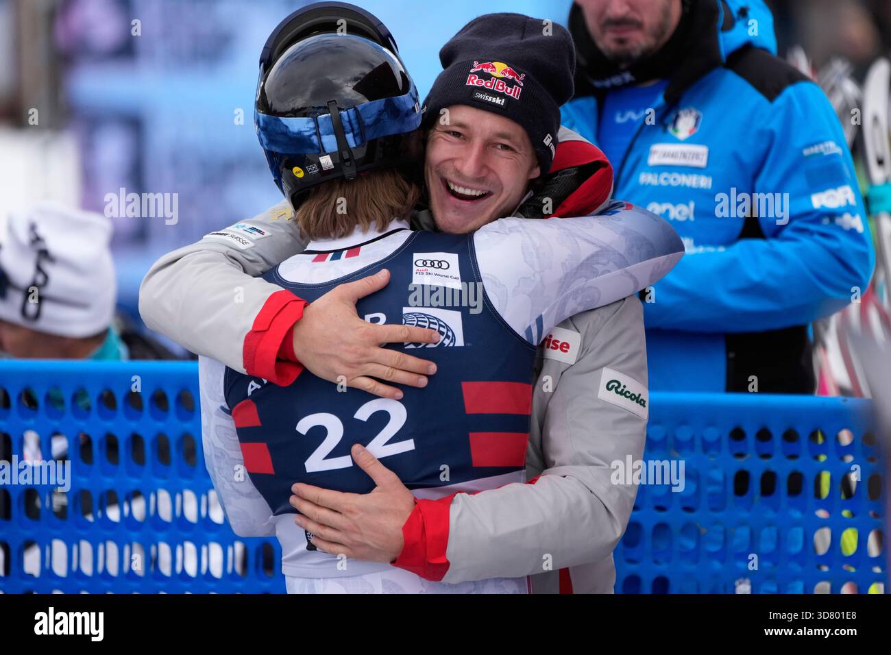 Switzerland's Marco Odermatt, right, embraces Norway's Aleksander ...
