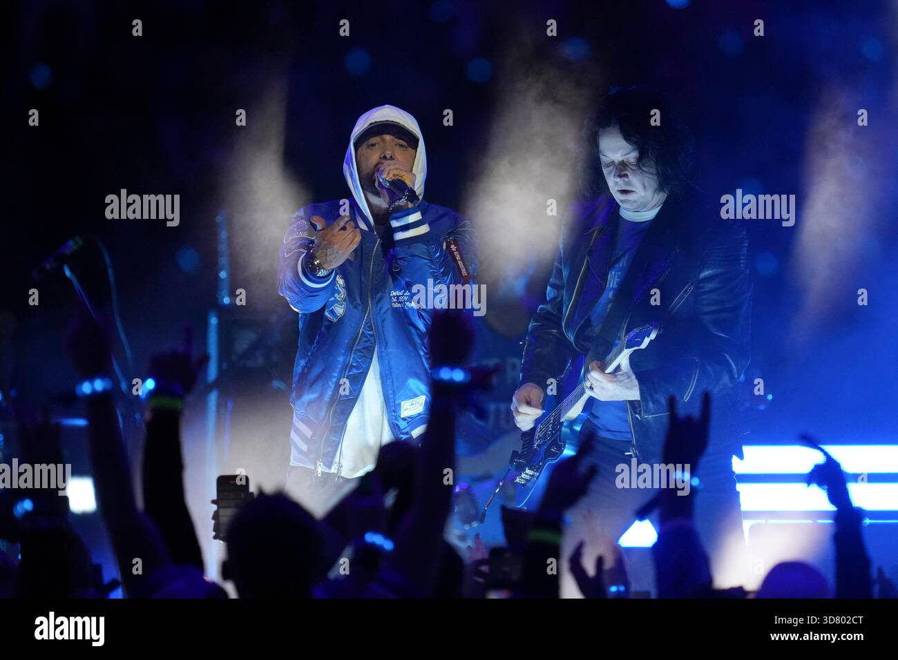 Musicians Eminem and Jack White performs during half time of an NFL ...