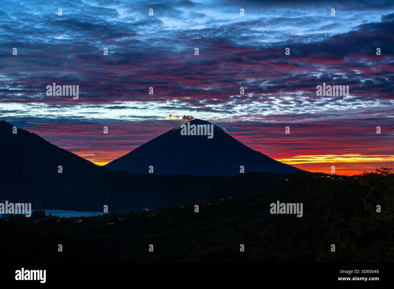 Scenic sunrise at Batur and Agung volcano, Kintamani, island Bali ...
