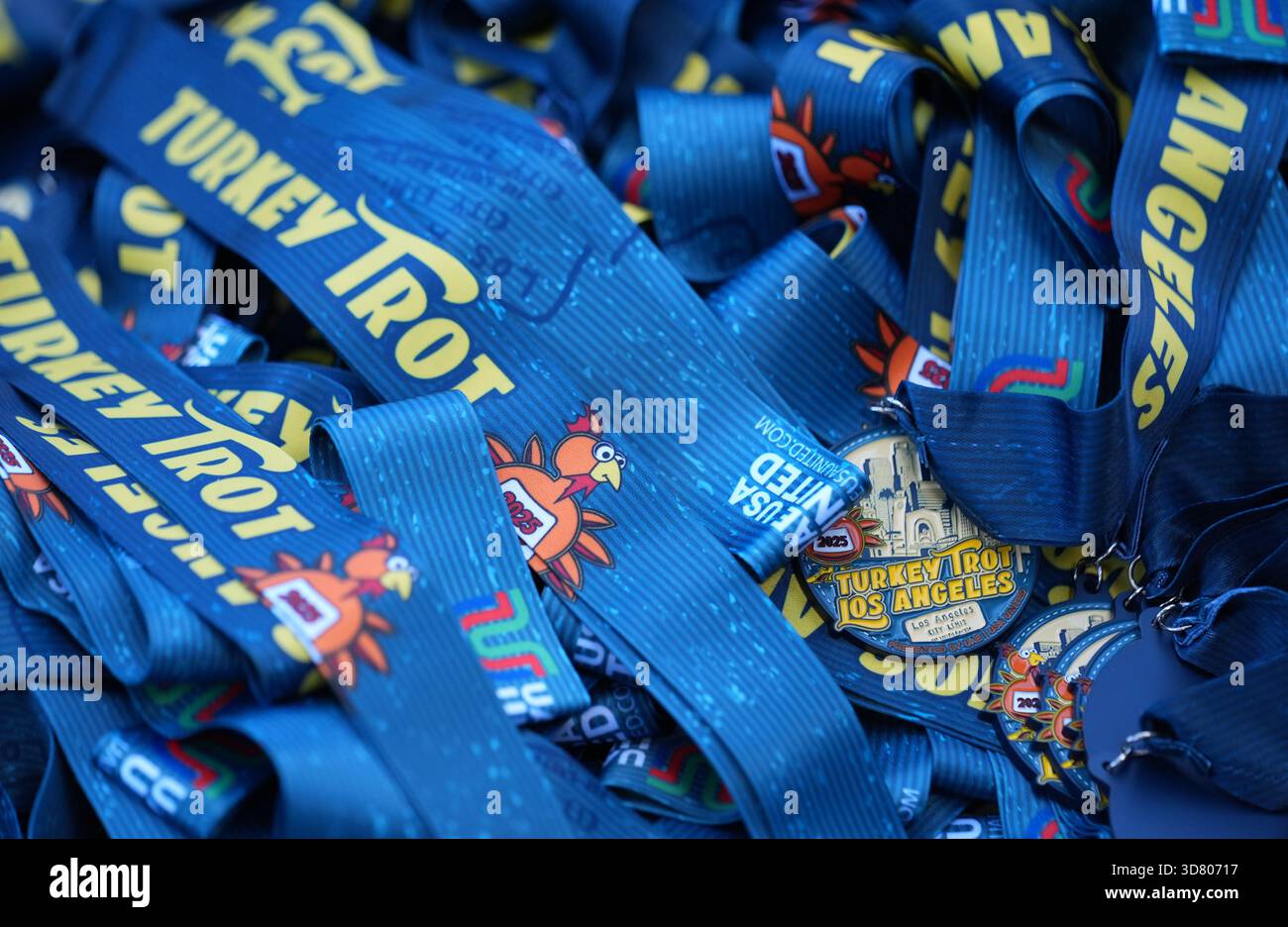 Medals for the Turkey Trot LA 2025, a fundraiser race for The Midnight Mission on Thanksgiving ...