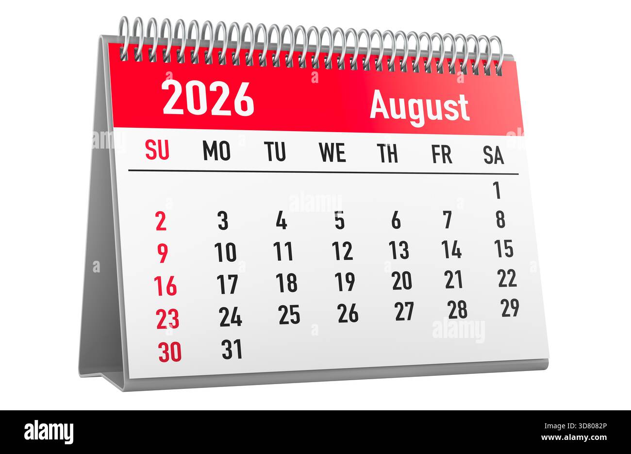 August 2026 desk calendar page with red header. Sunday-first layout and ...