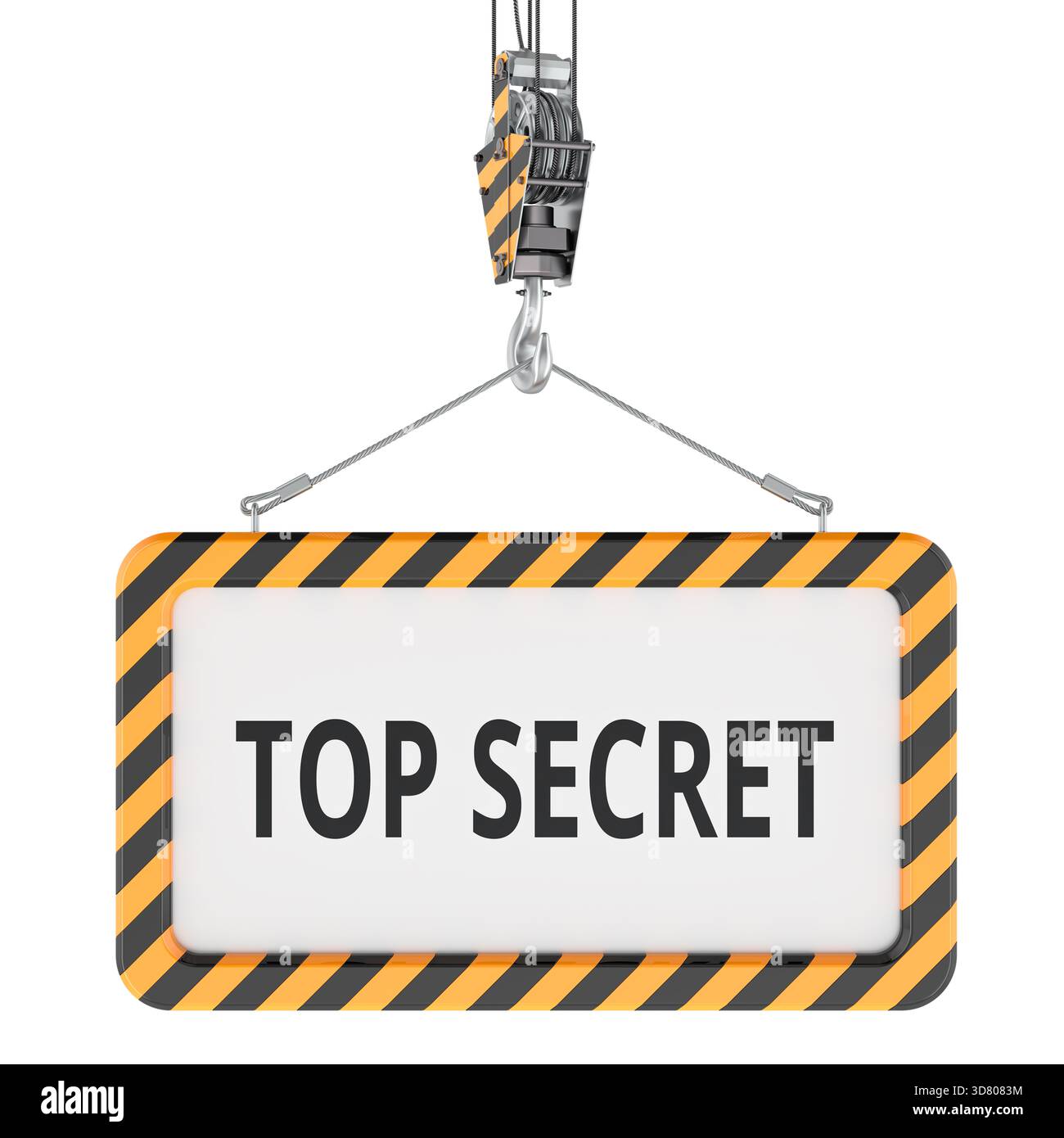 Top Secret warning sign hanging on crane hook. 3D rendering isolated on ...