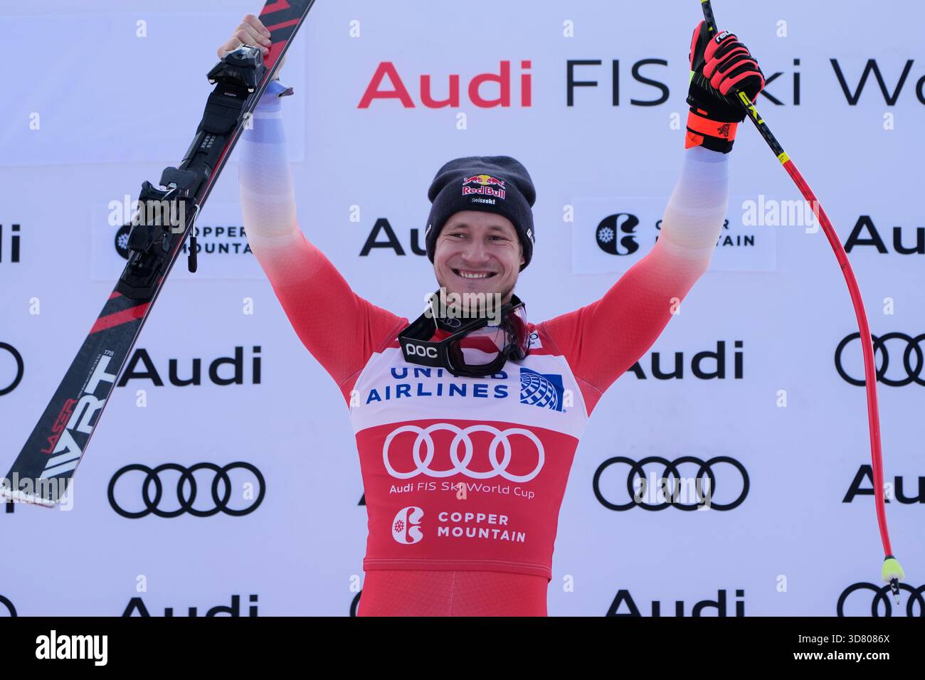 First place finisher Switzerland's Marco Odermatt celebrates after a ...