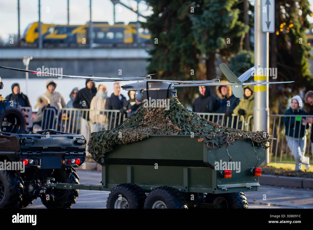 Transported NATO surveillance drone on tactical trailer, showing ...
