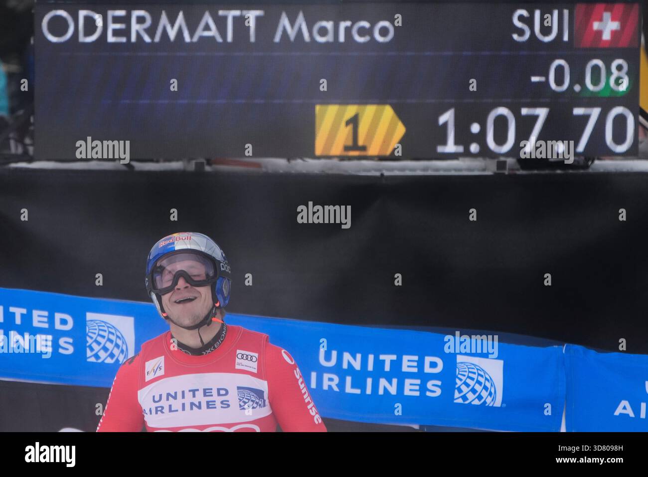 Switzerland's Marco Odermatt reacts after his run during a World Cup ...