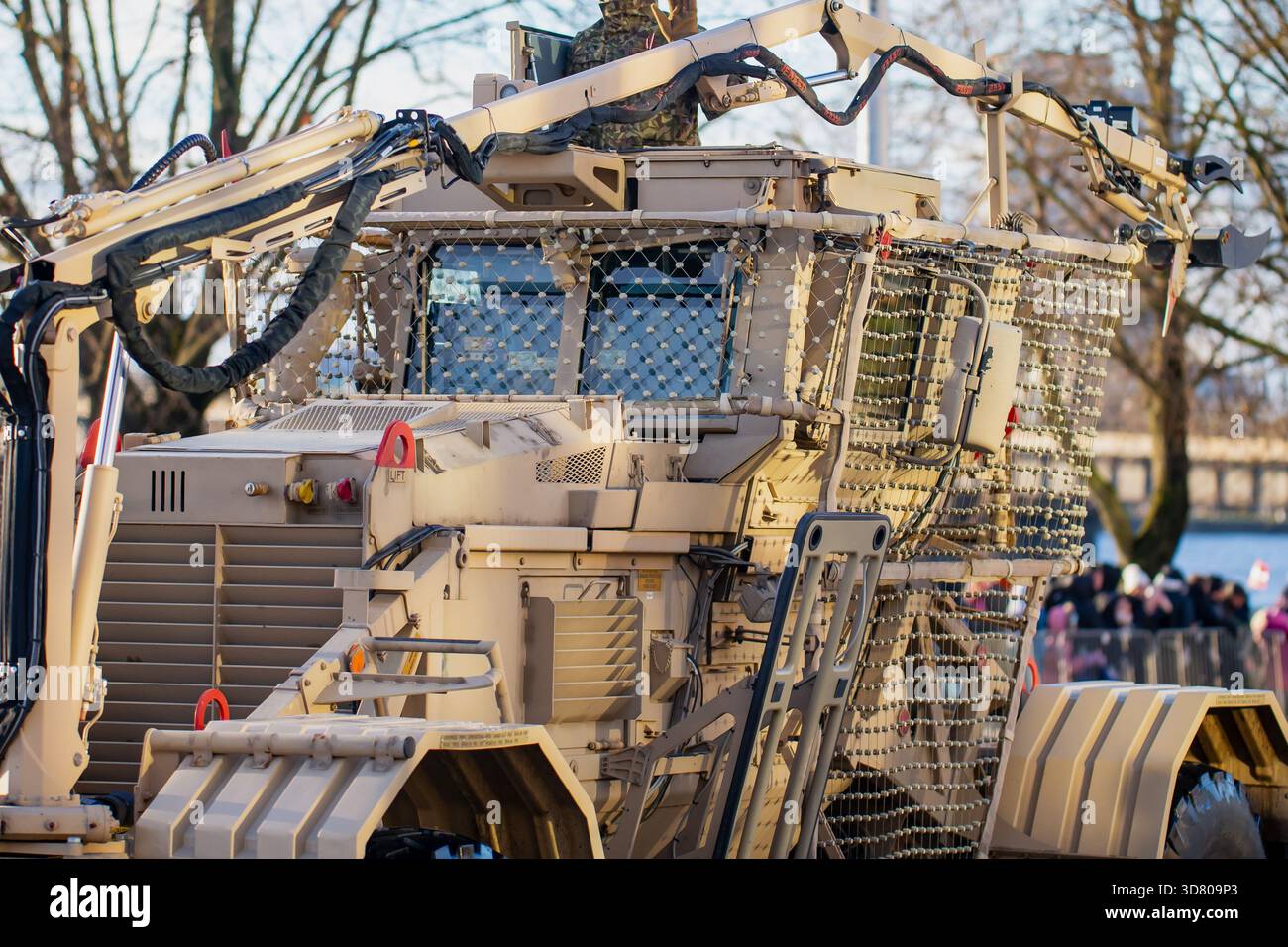 NATO armored engineering platform with extensive mesh shielding ...