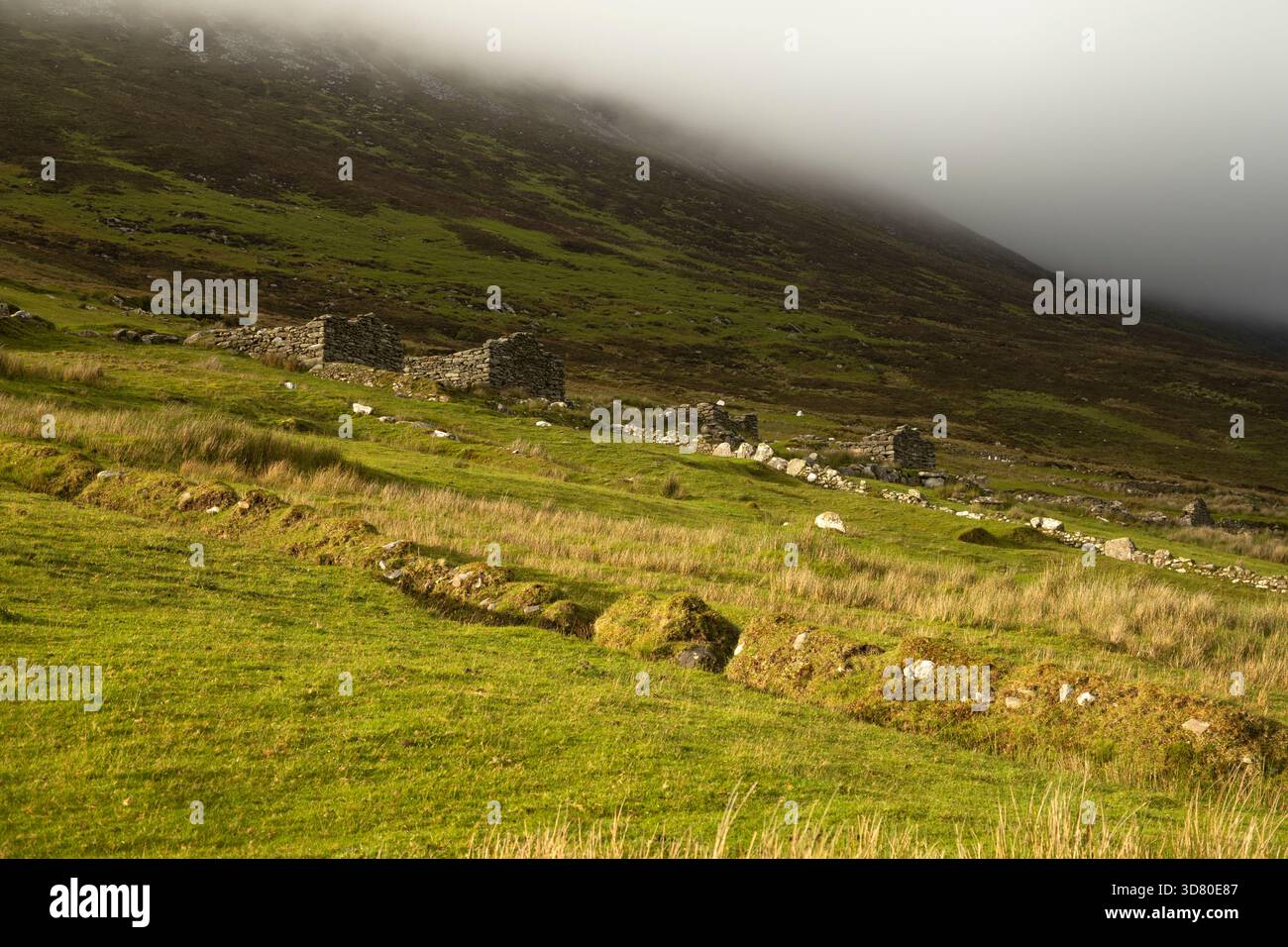 Stone cottage ruins in the deserted village on Achill island on the ...
