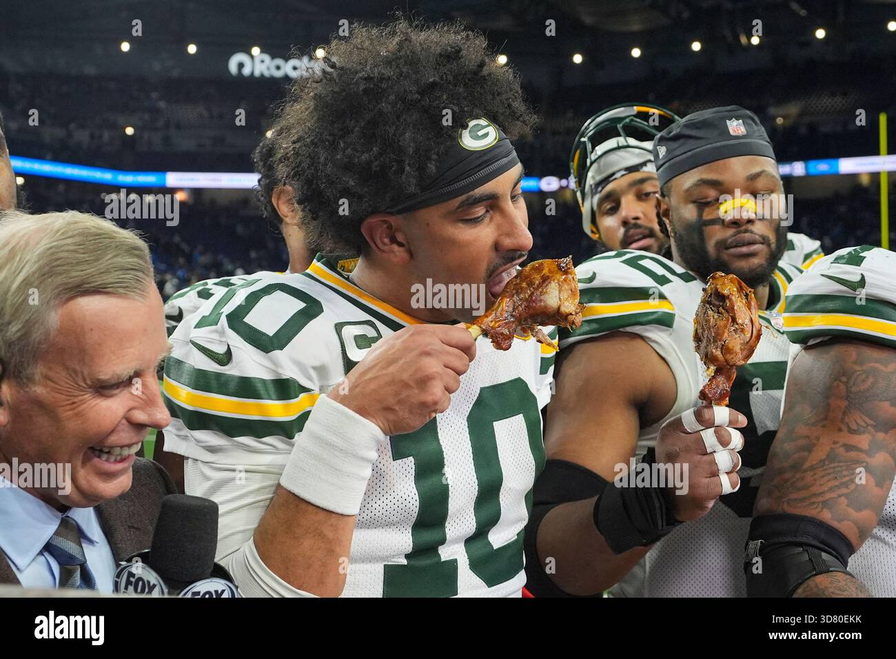 Green Bay Packers quarterback Jordan Love (10) eats a turkey leg ...