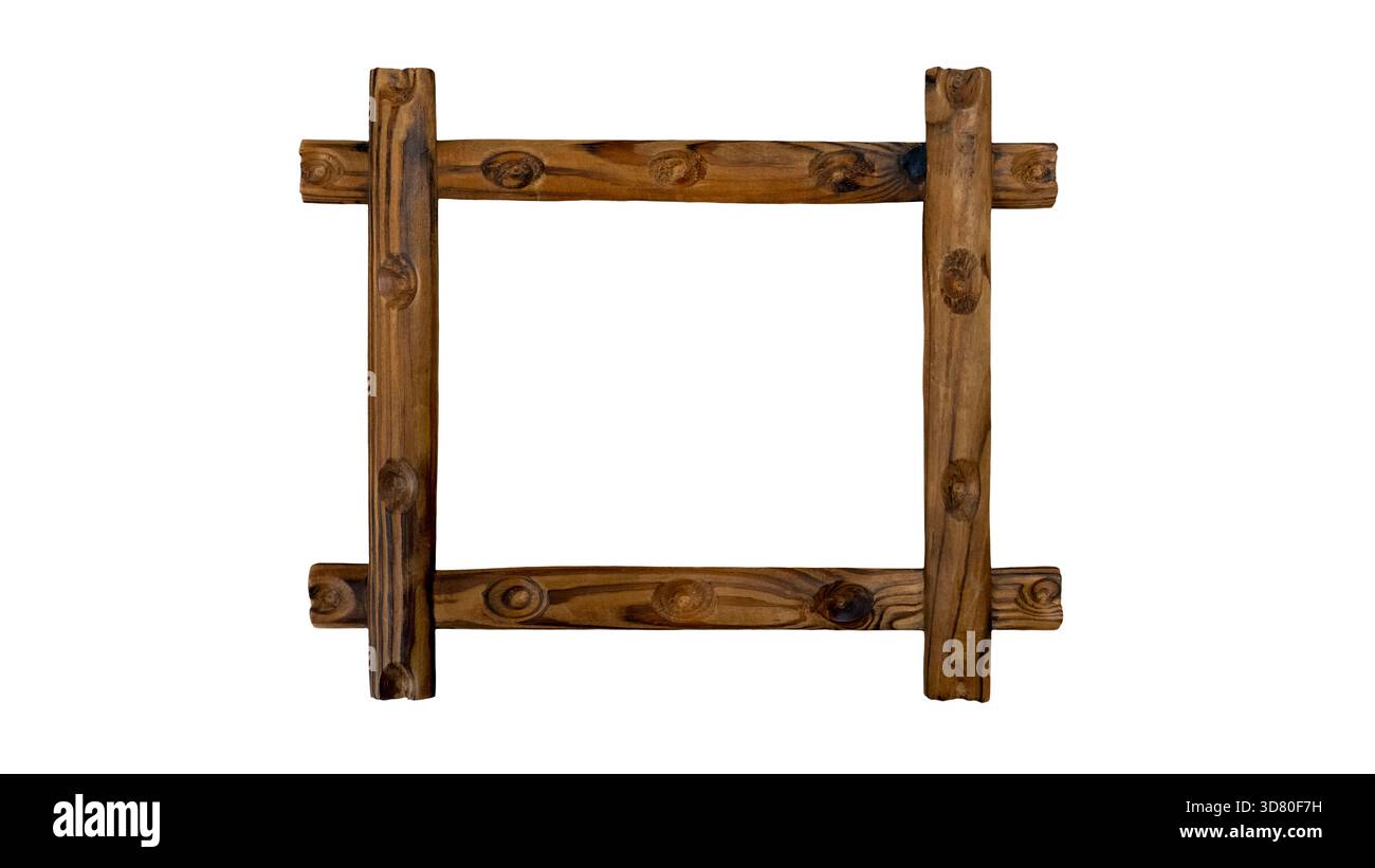 Rustic wooden frame made of natural logs with visible knots, warm brown ...