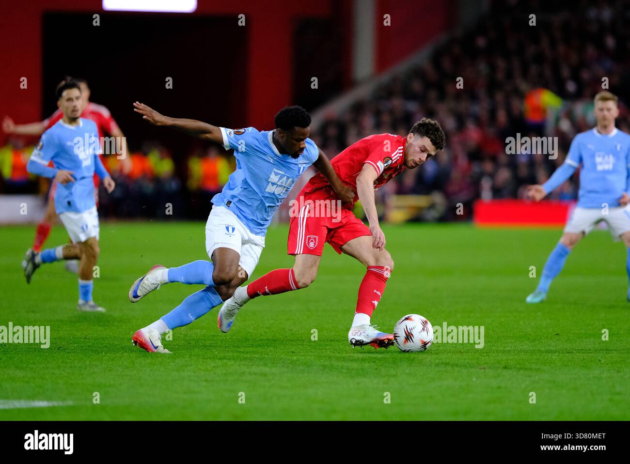 Neco Williams of Nottingham Forest and Emmanuel Ekong of Malmo FF seen ...
